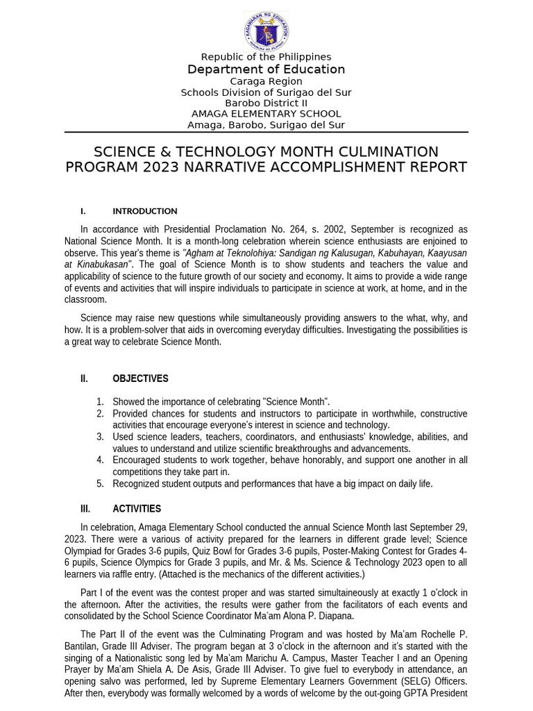 Amaga Es-Narrative-Accomplishment-Reports-Science Month | PDF | Science ...