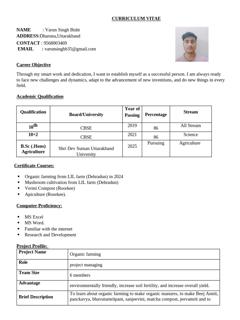 B.Sc Agriculture Fresher Resume | PDF | Organic Farming | Agriculture