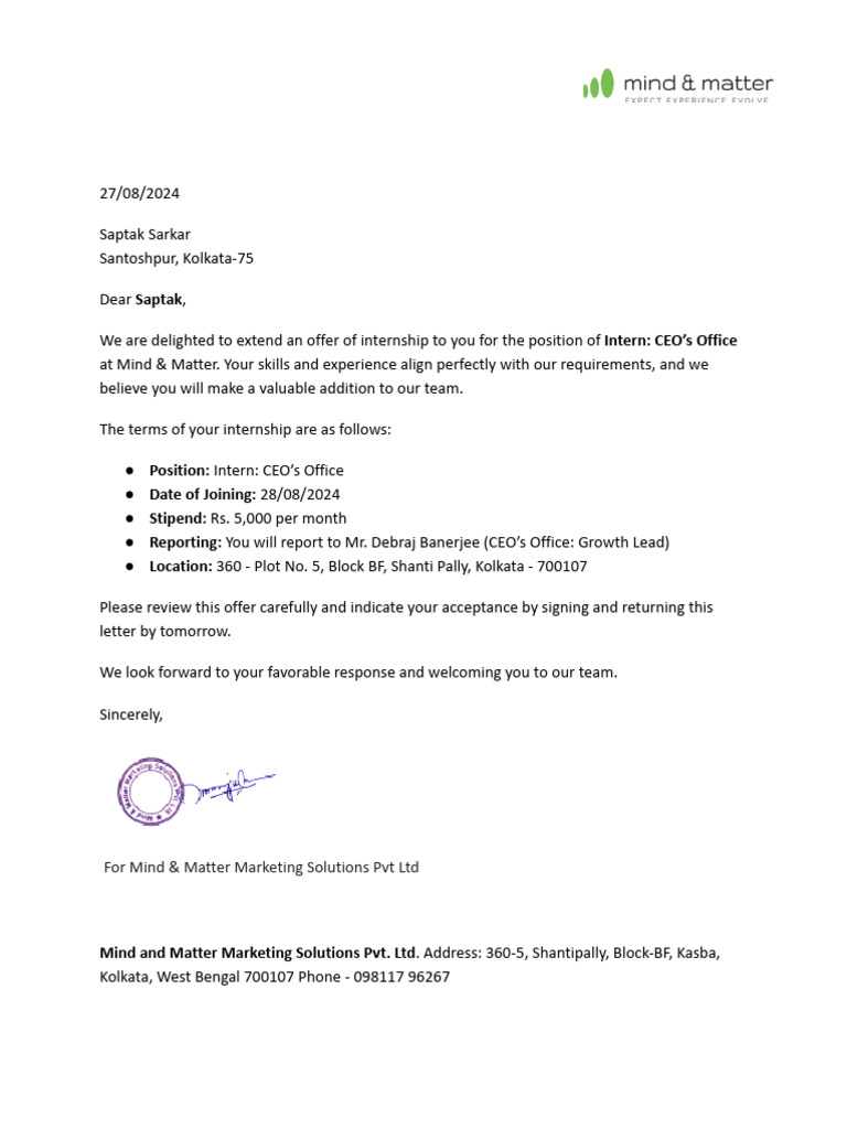 Saptak Sarkar Offer Letter | PDF