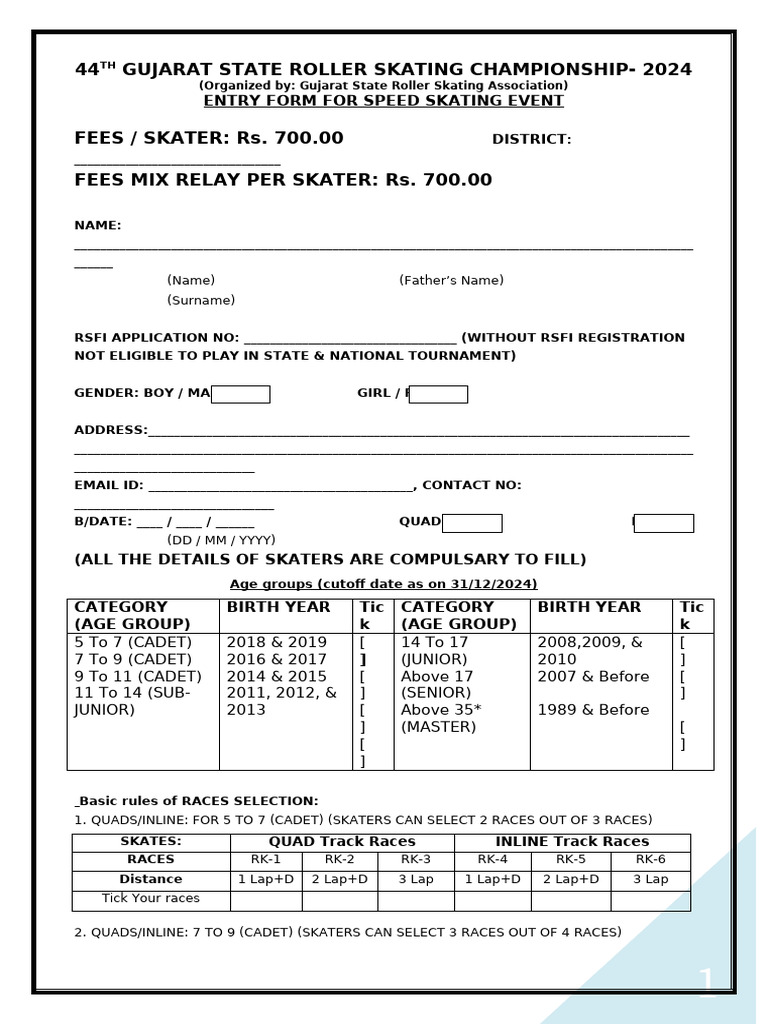 44TH Gujarat State Roller Skating Championship - 2024 | PDF | Roller Skating | Ice Sports