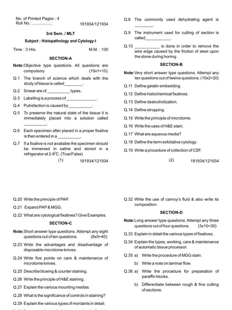 DMLT 3 Sem Histopathology and Cytology 1 181934 Dec 2019 | PDF ...