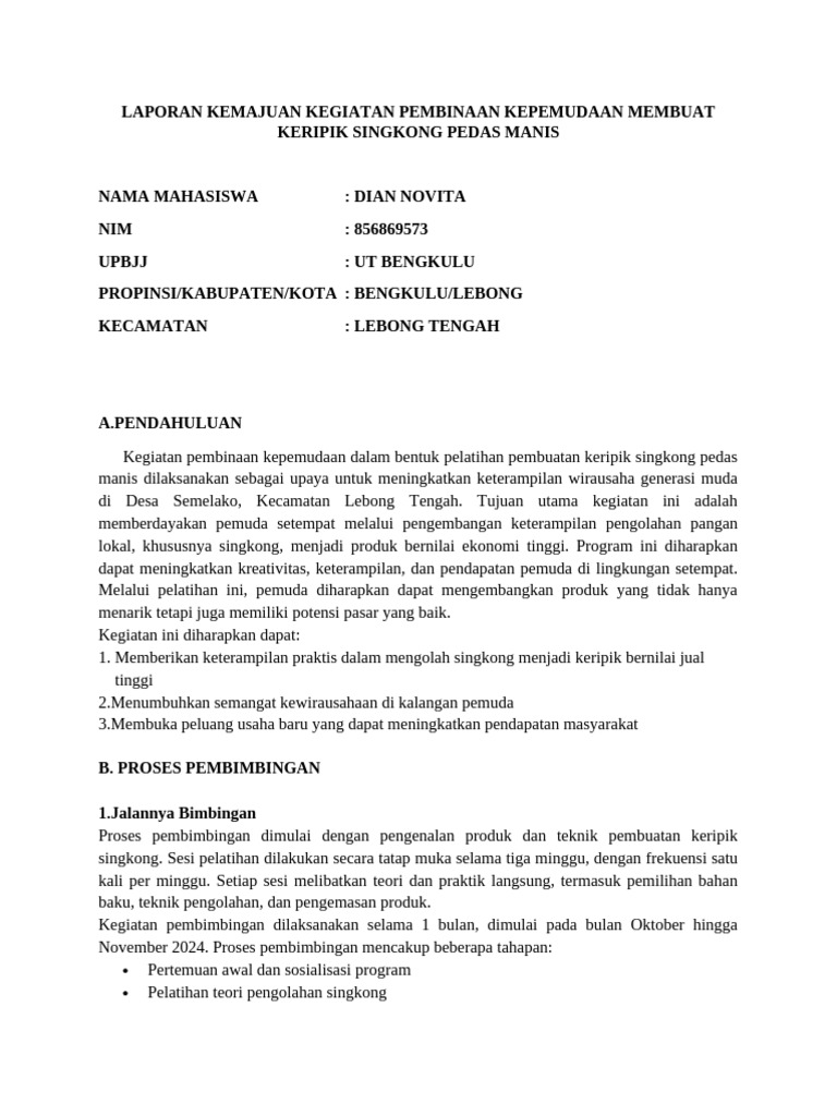 Laporan Kemajuan Kegiatan Pembinaan Kepemudaan Membuat Keripik Singkong ...