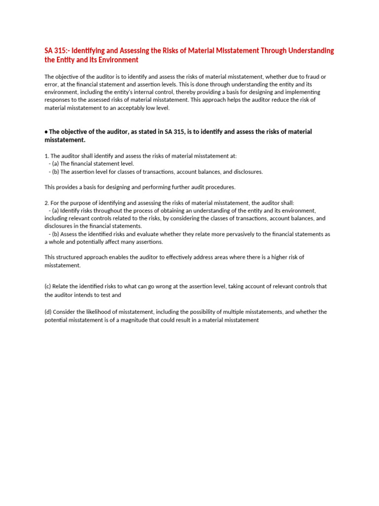 SA 315: Risk Assessment in Auditing | PDF | Internal Control | Audit