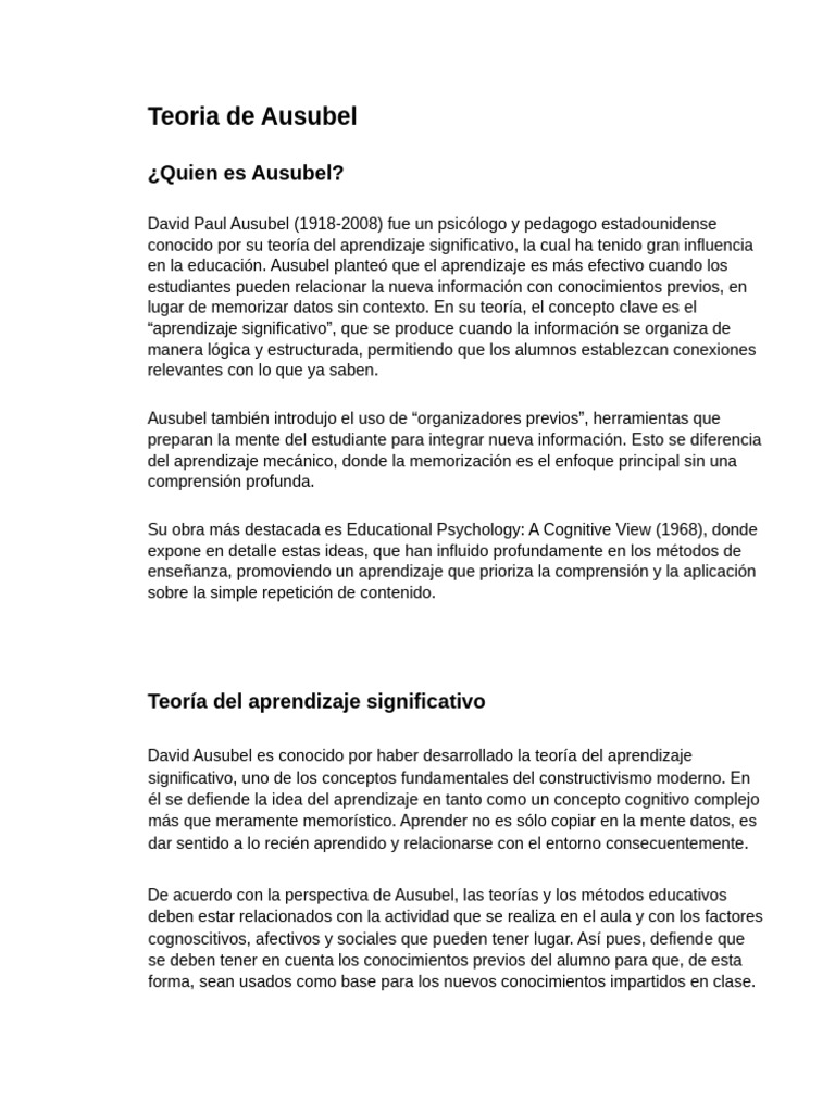 Teoría de Ausubel | PDF | Aprendizaje | Teoría del aprendizaje (educación)