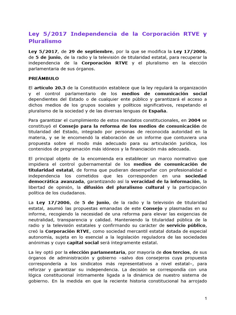 Ley 5 - 2017 Independencia de La CRTVE y El Pluralismo | PDF ...