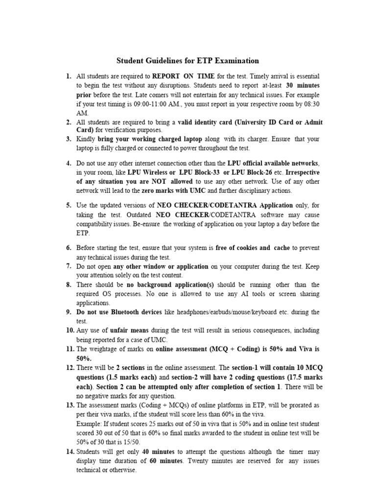 ETP Exam Guidelines for Students | PDF | Multiple Choice | Computing
