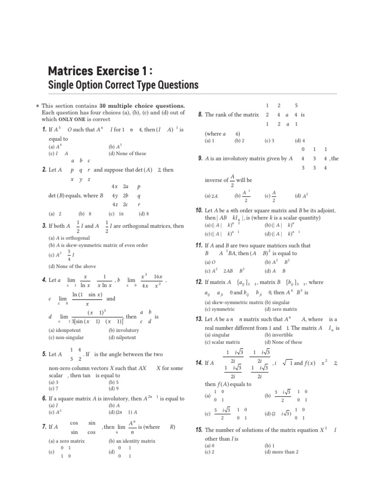 Matrices Exercises | PDF | Matrix (Mathematics) | Algebra