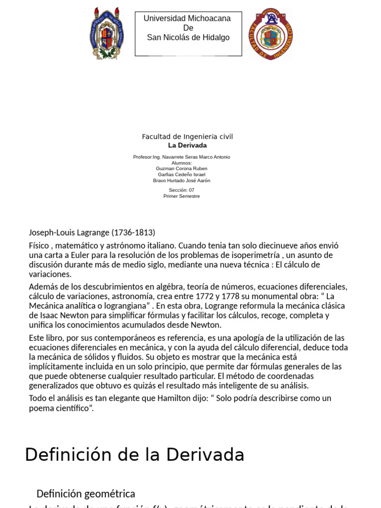 La Derivada, Presentacion Calculo | PDF | Derivado | Análisis matemático