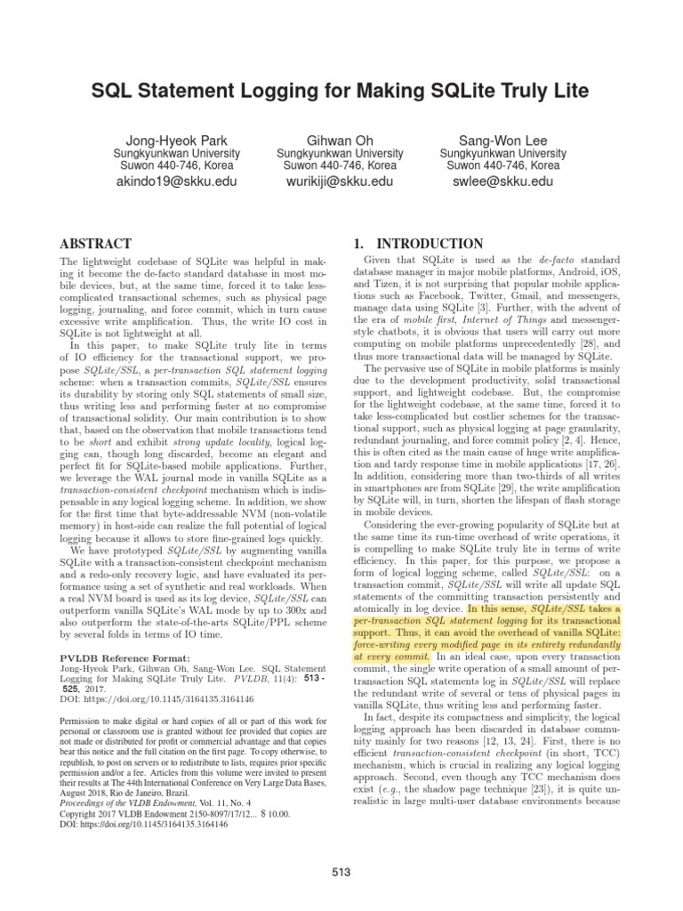 SQL Statement Logging For Making SQLite Truly Lite | PDF | Database Transaction | Databases