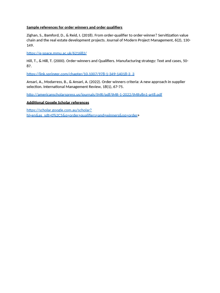 References For Order Winners and Order Qualifiers | PDF