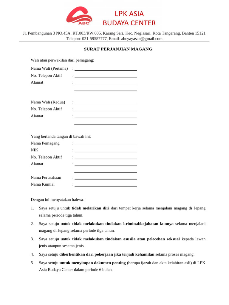 Surat Perjanjian Magang | PDF