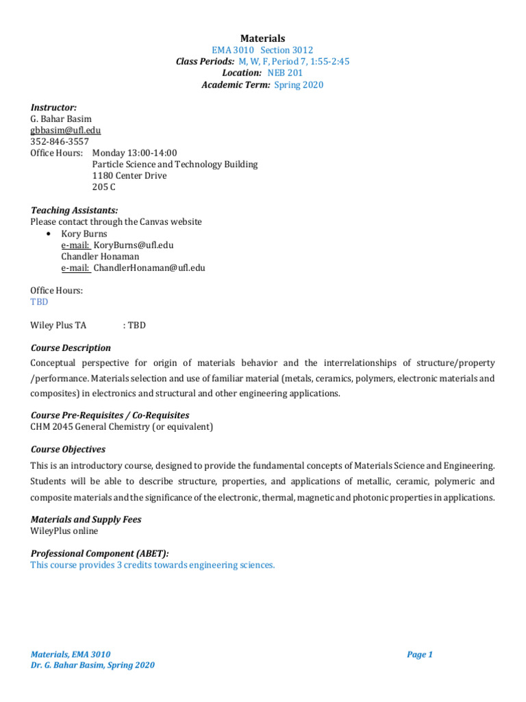 EMA 3010 Syllabus Spring 2020 - Basim | PDF | Course Evaluation | Solid