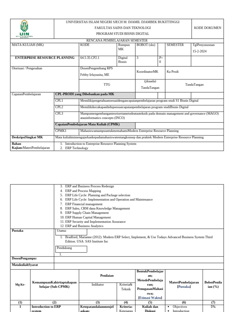 RPS Enterprise Resource Planning Sesuai OBE | PDF | Enterprise Resource Planning | Data Management