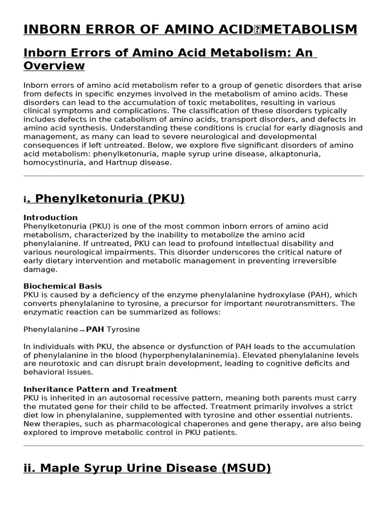 Inborn Errors of Amino Acid Metabolism | PDF | Clinical Medicine ...