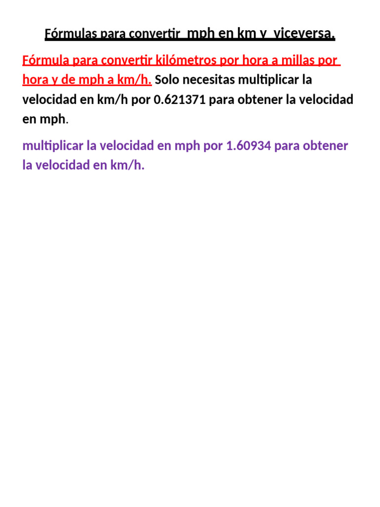 Fórmulas para Convertir MPH en KM y Viceversa | PDF