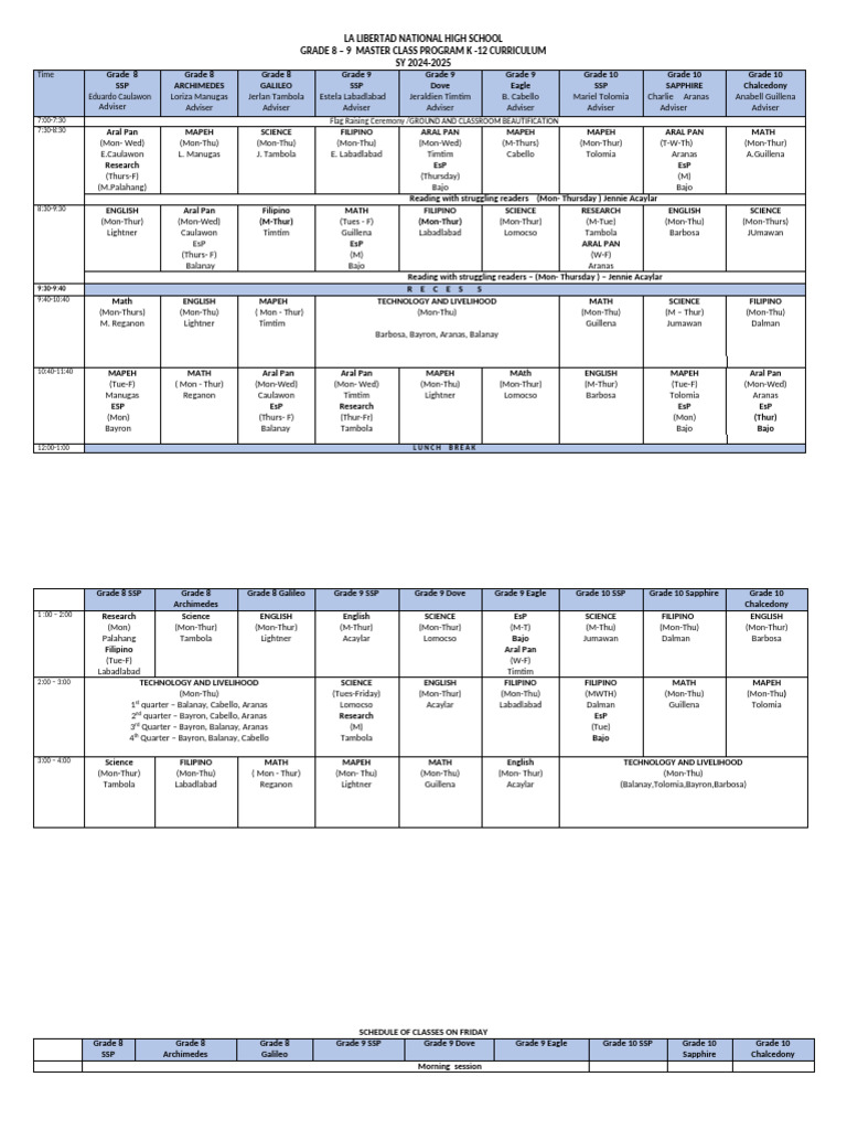 Junior High School Class Program 2024-2025 | PDF | Educational ...