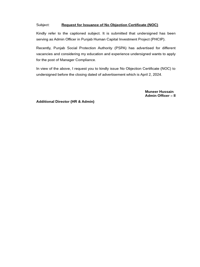 Request for No Objection Certificate (NOC) | PDF