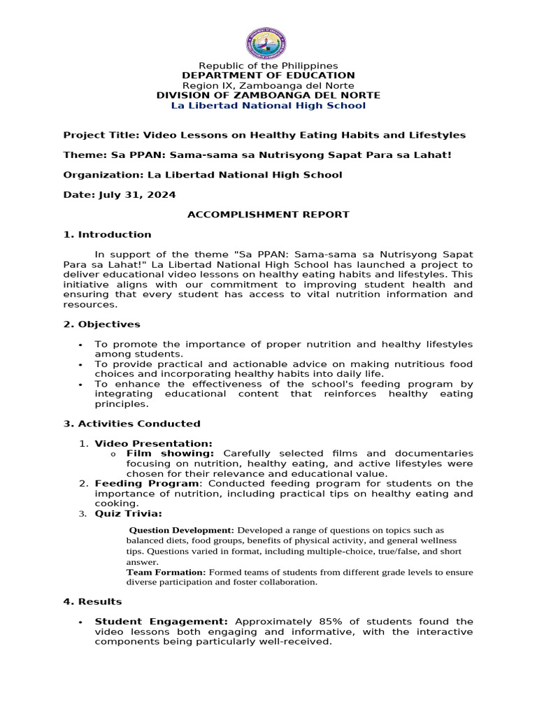 Accomplishment Report TLE | PDF | Healthy Diet | Learning