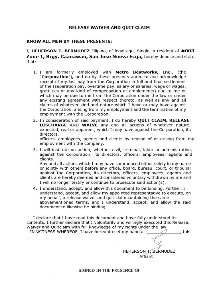 Release Waiver and Quit Claim | PDF | Employment | Salary