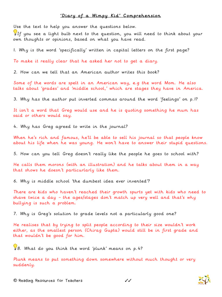 Wimpy Kid Comprehension-Answers | PDF