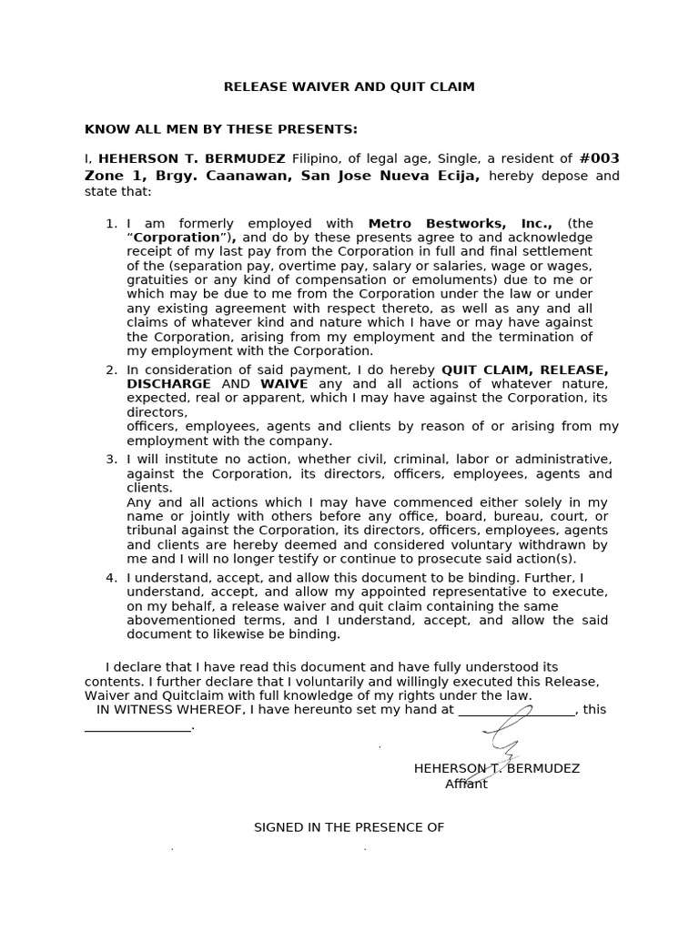 Release Waiver and Quit Claim | PDF | Employment | Salary