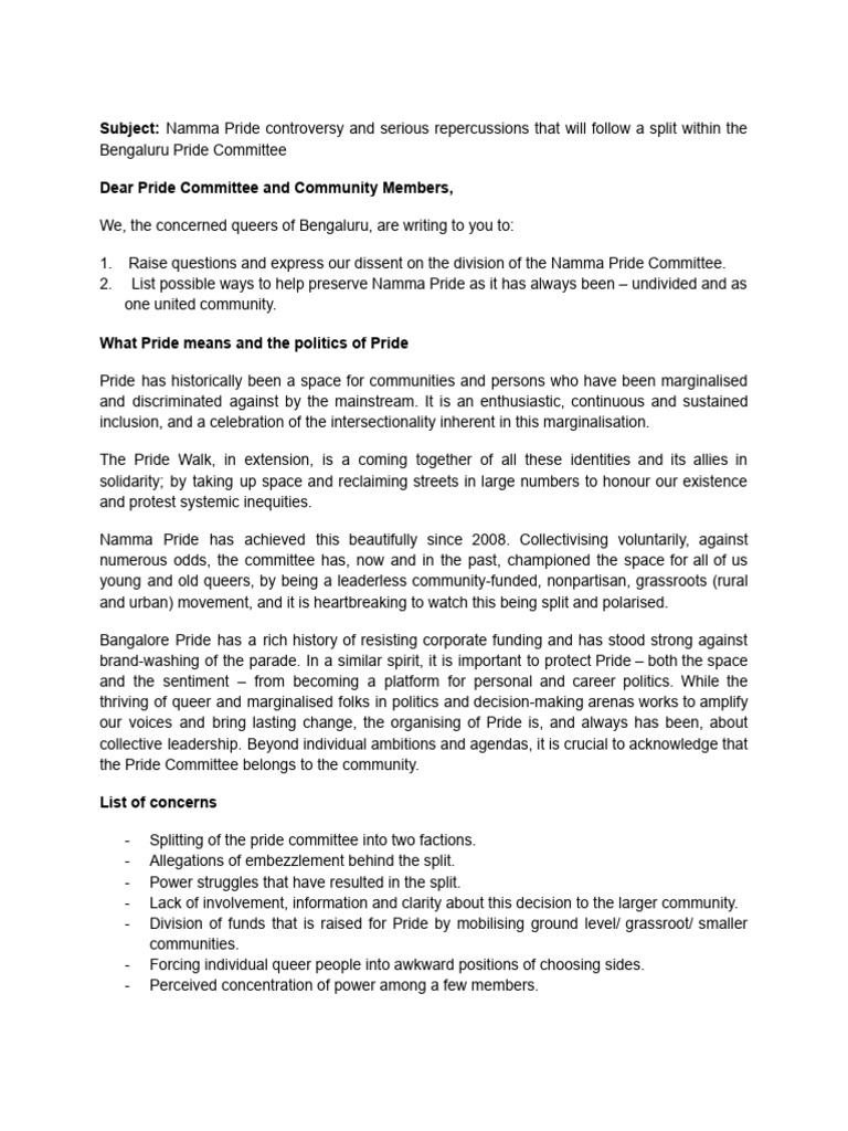 Dissent Note To Namma Pride Committee | PDF