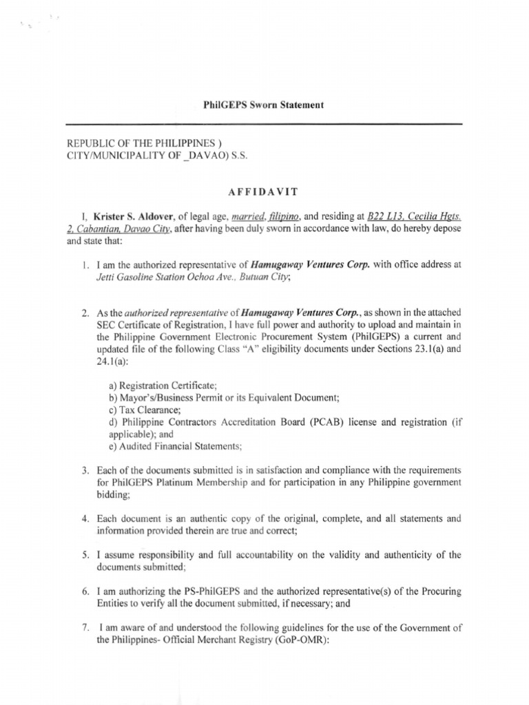 PhilGEPS Sworn Statement Hamugaway | PDF