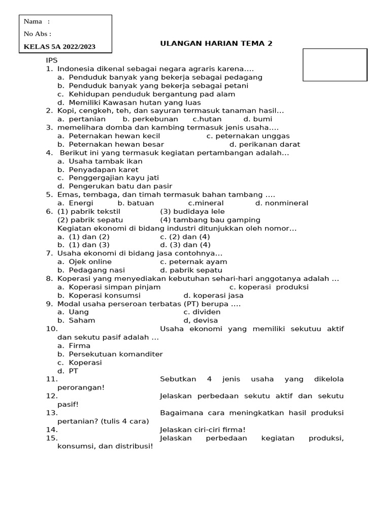 ULANGAN HARIAN TEMA 2 IPS Dan SBDP | PDF