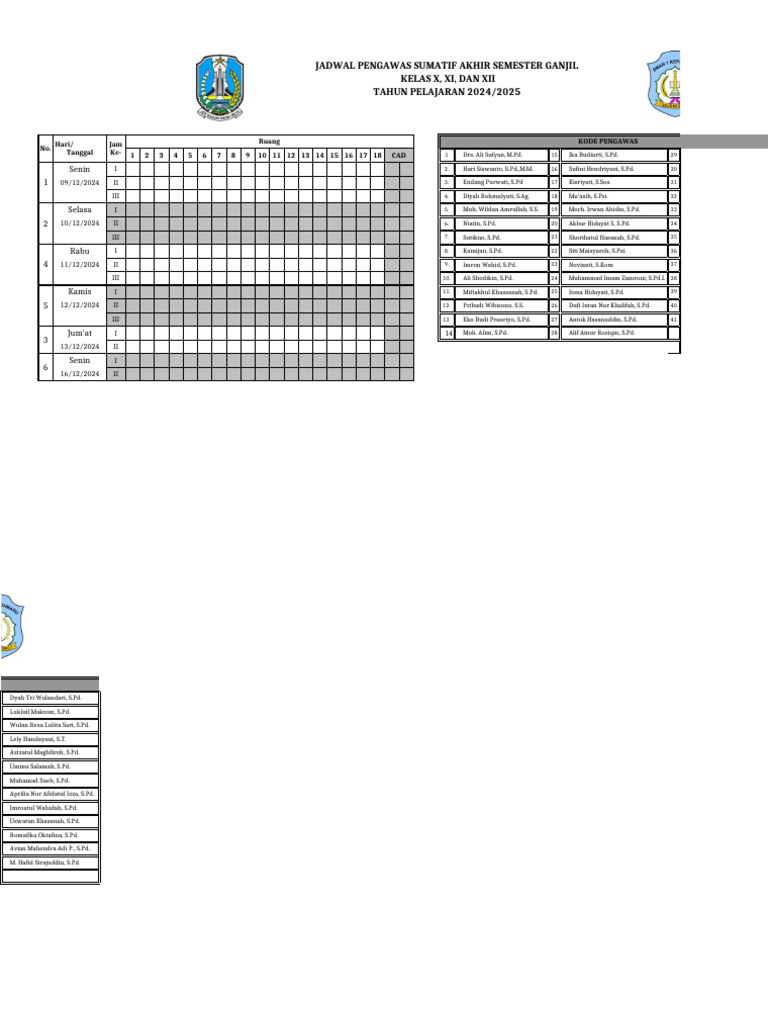 Jadwal Pengawas Ruang Sas Ganjil 2024-2025 | PDF