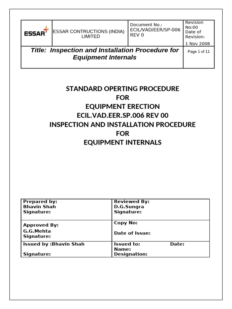 SOP-006-EQUIPMENT INTERNALS - Amit Jani | PDF | Scaffolding | Pipe ...