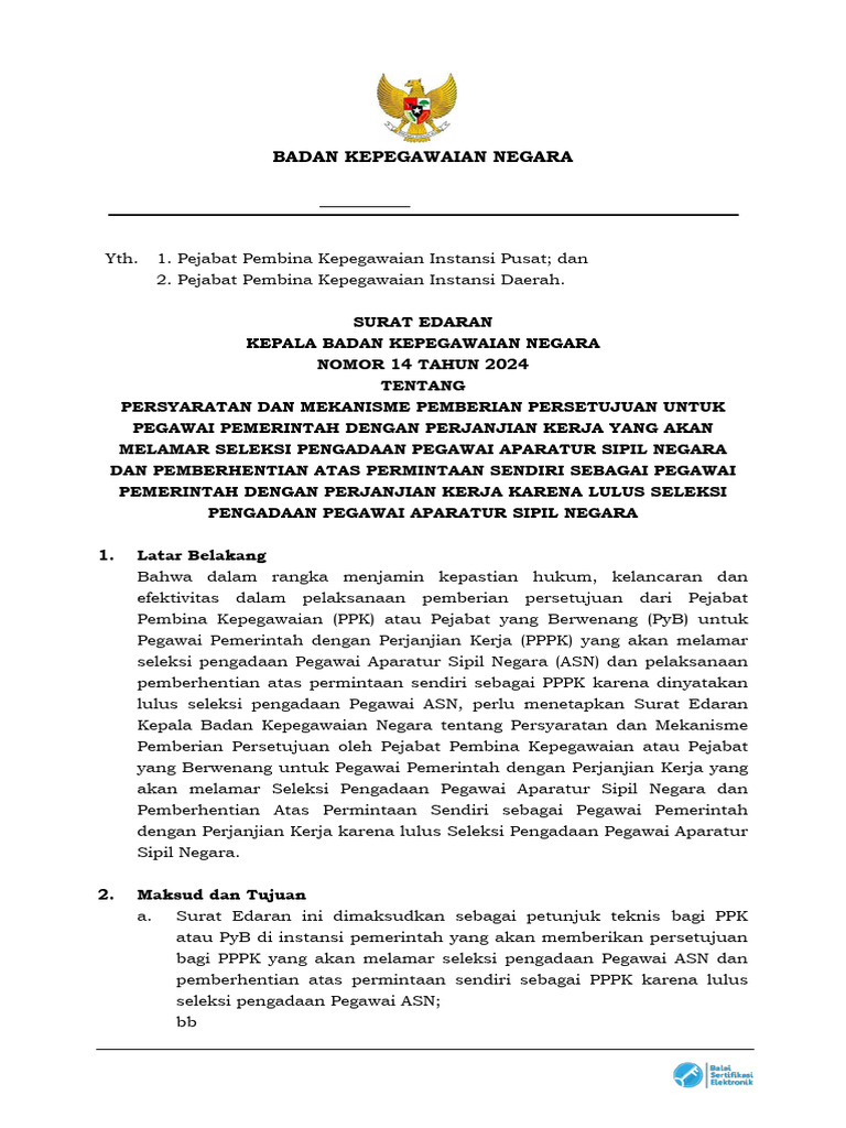 Surat Edaran Kepala BKN Nomor 14 Tahun 2024 Tentang Persyaratan Dan ...