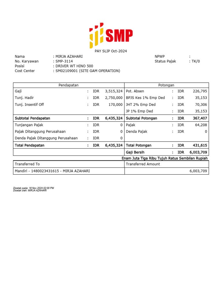 Payslip Report 2024-10-31 | PDF