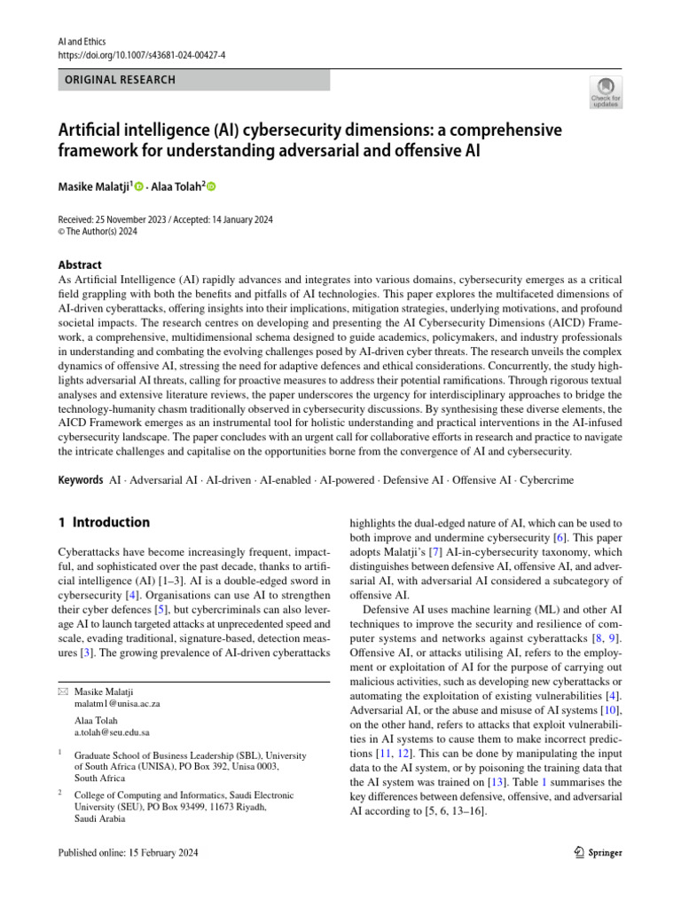 Artificial Intelligence (AI) Cybersecurity Dimensions: A Comprehensive ...