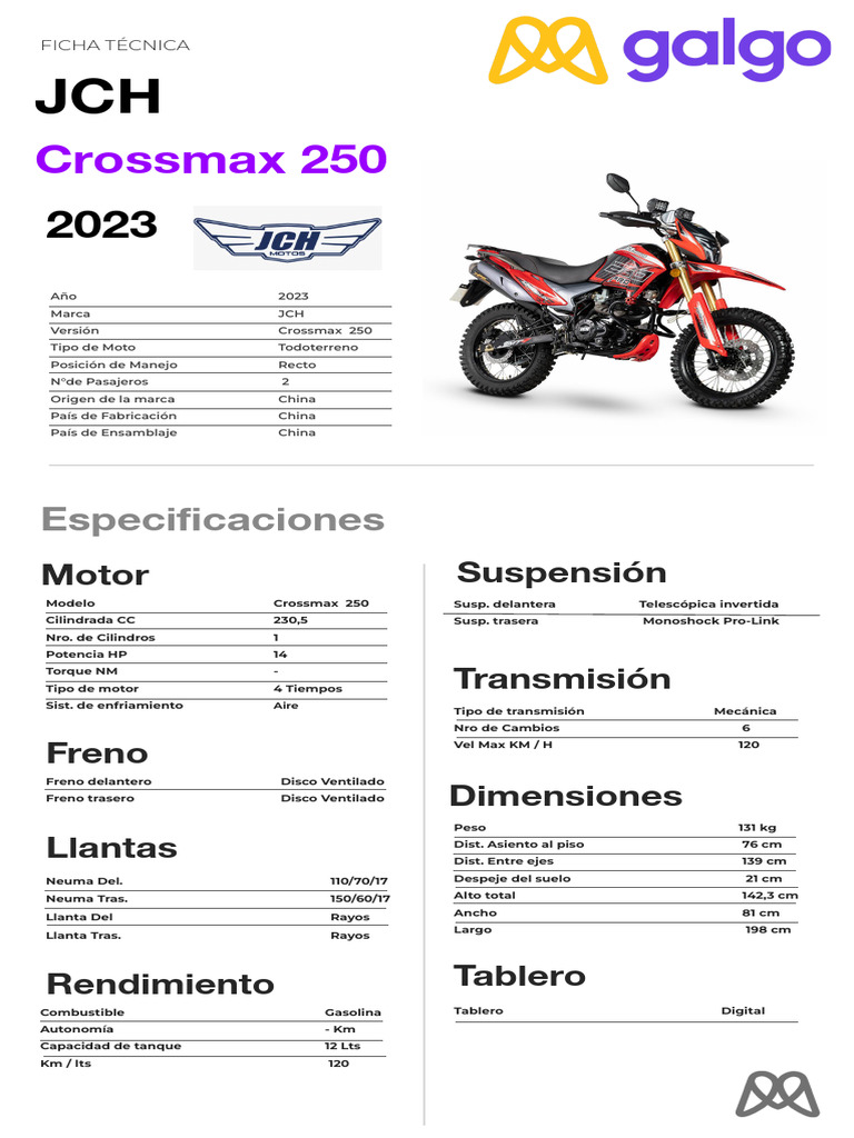 Ficha T Cnica JCH Crossmax 250 Galgo | PDF