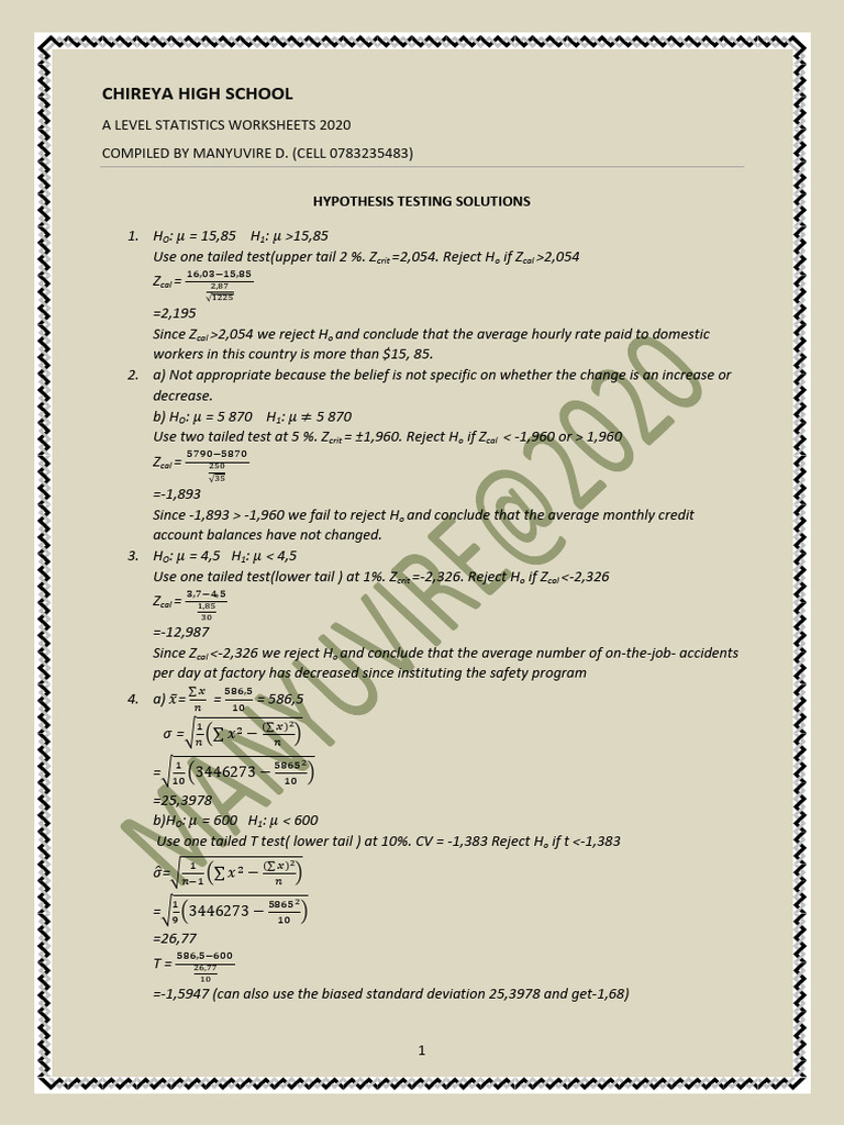 Hypothesis Testing Solutions Fin Doc | PDF | Statistical Significance ...