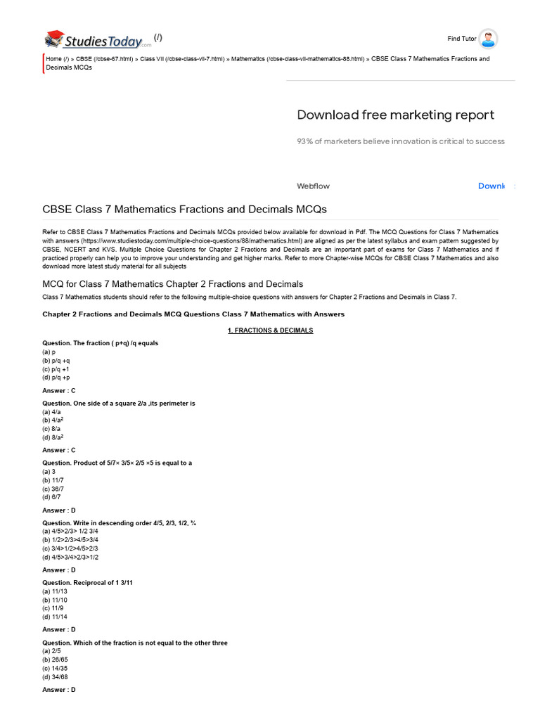 CBSE Class 7 Mathematics Fractions and Decimals MCQS, Multiple Choice ...