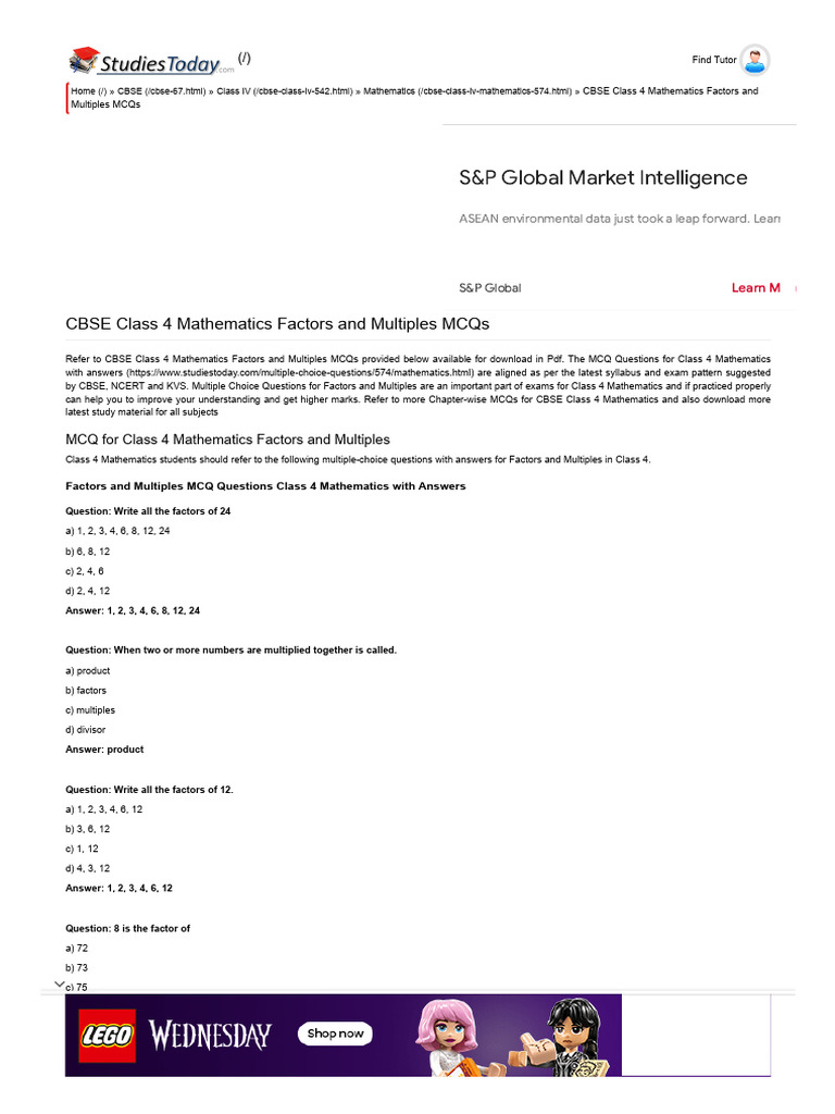 CBSE Class 4 Mathematics Factors and Multiples MCQS, Multiple Choice Questions | PDF | Multiple ...
