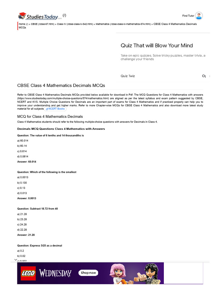 CBSE Class 4 Mathematics Decimals MCQS, Multiple Choice Questions | PDF | Multiple Choice