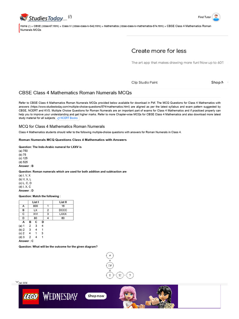 Class 4 Roman Numerals MCQs Guide | PDF | Multiple Choice | Science