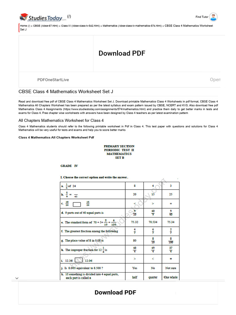 CBSE Class 4 Mathematics Worksheet Set J | PDF | Multiple Choice | Worksheet