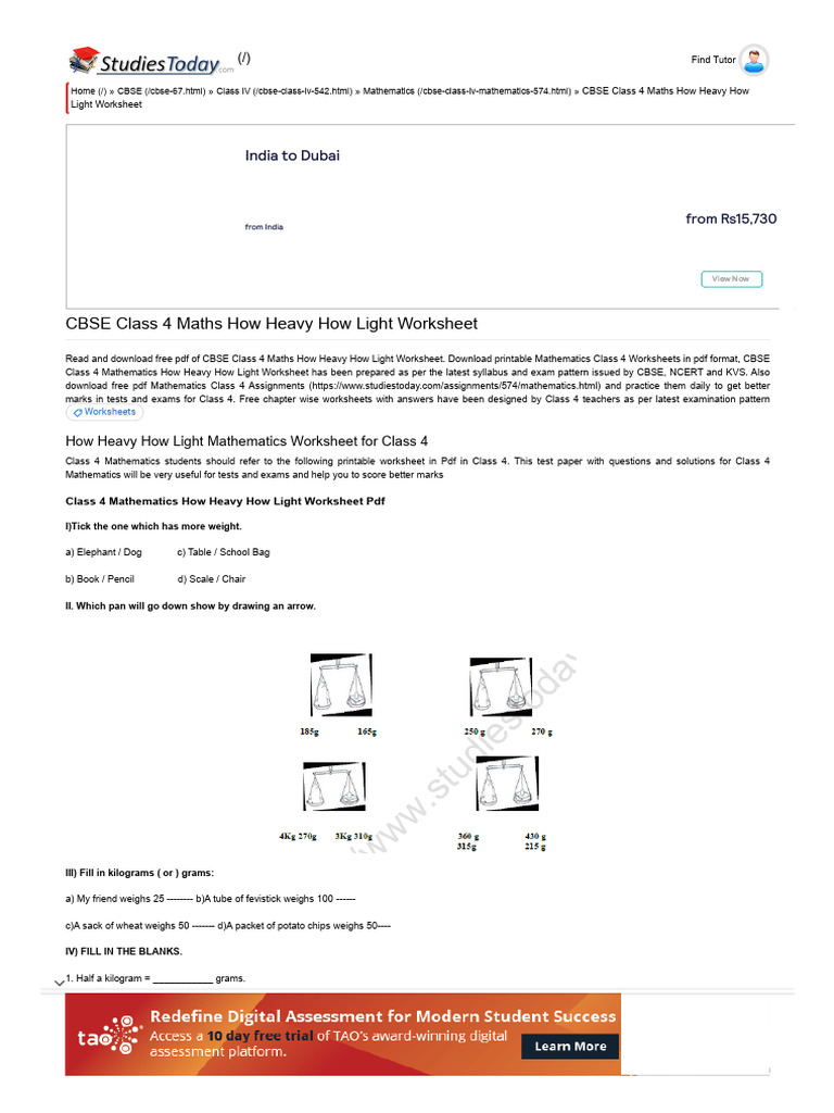 CBSE Class 4 Maths How Heavy How Light Worksheet | PDF | Multiple ...