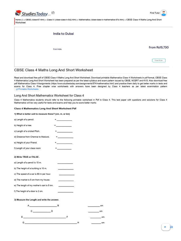 Class 4 Maths Long and Short Worksheet | PDF | Multiple Choice