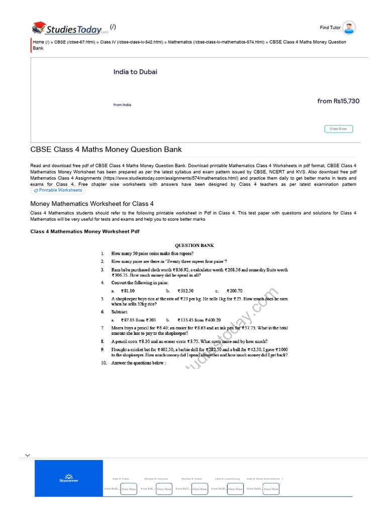 CBSE Class 4 Maths Money Question Bank | PDF | Multiple Choice | Worksheet