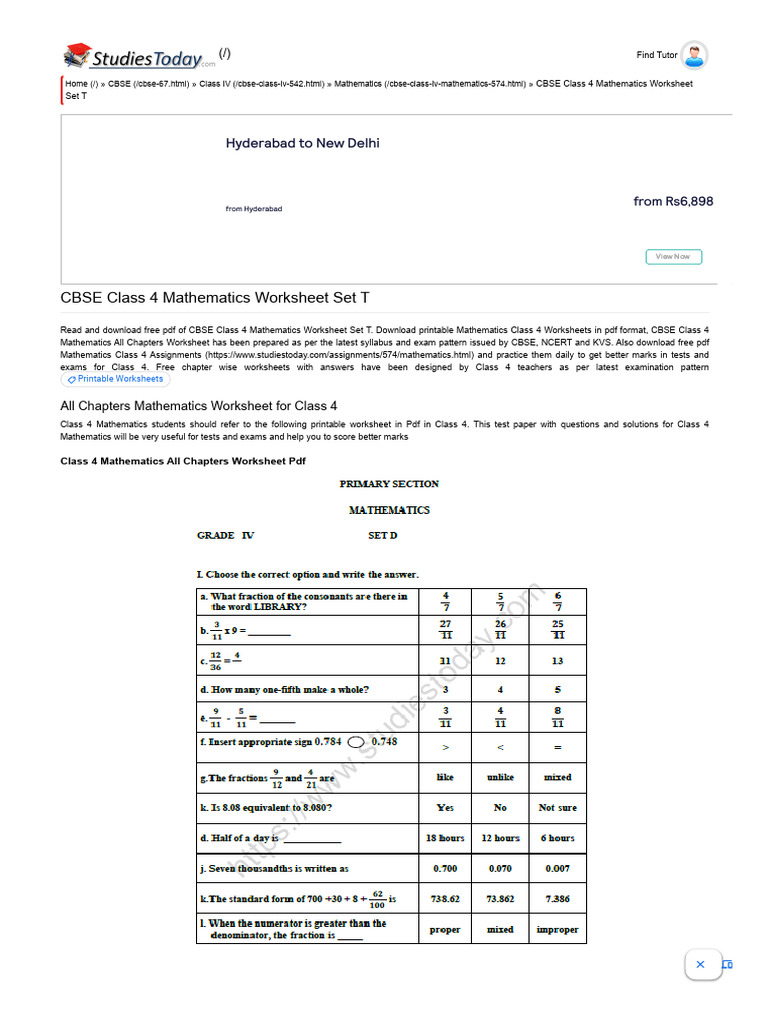 CBSE Class 4 Mathematics Worksheet Set T | PDF | Multiple Choice ... CBSE Class 4 Mathematics Worksheet Set T | PDF | Multiple Choice ...