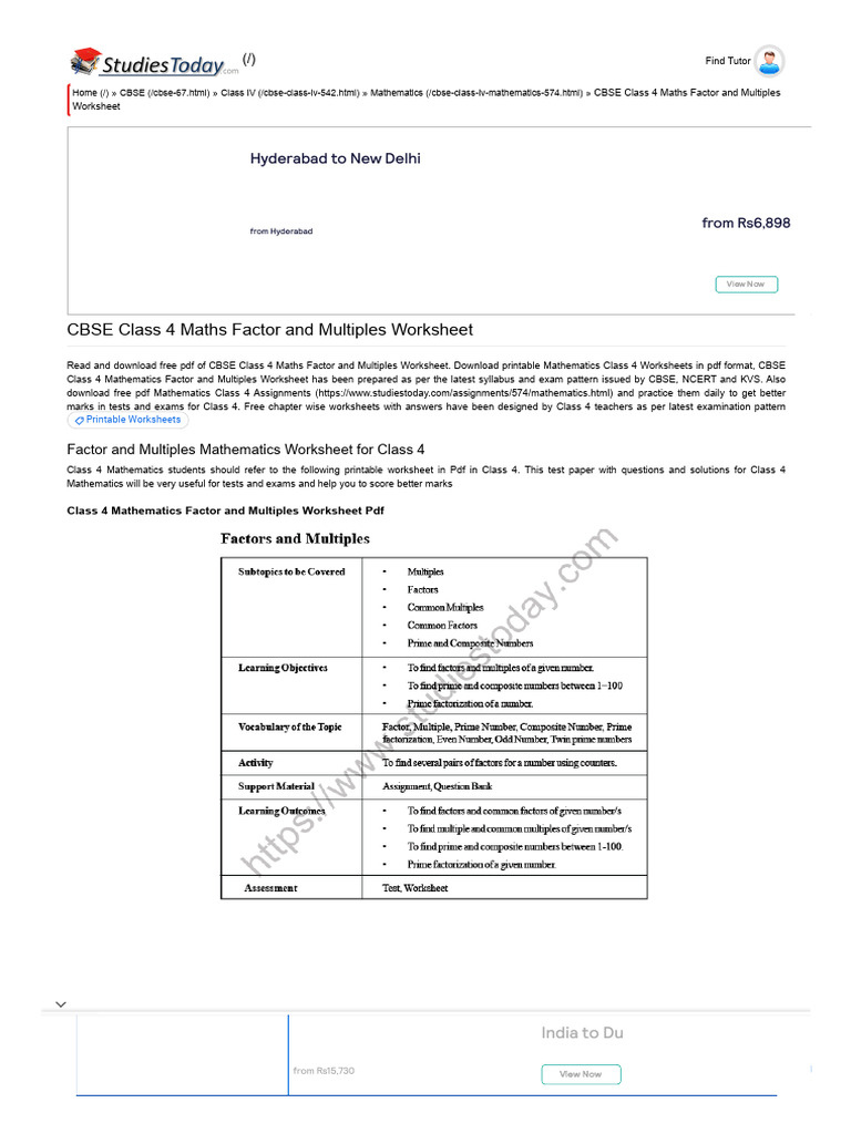 CBSE Class 4 Maths Factor and Multiples Worksheet | PDF | Multiple ...