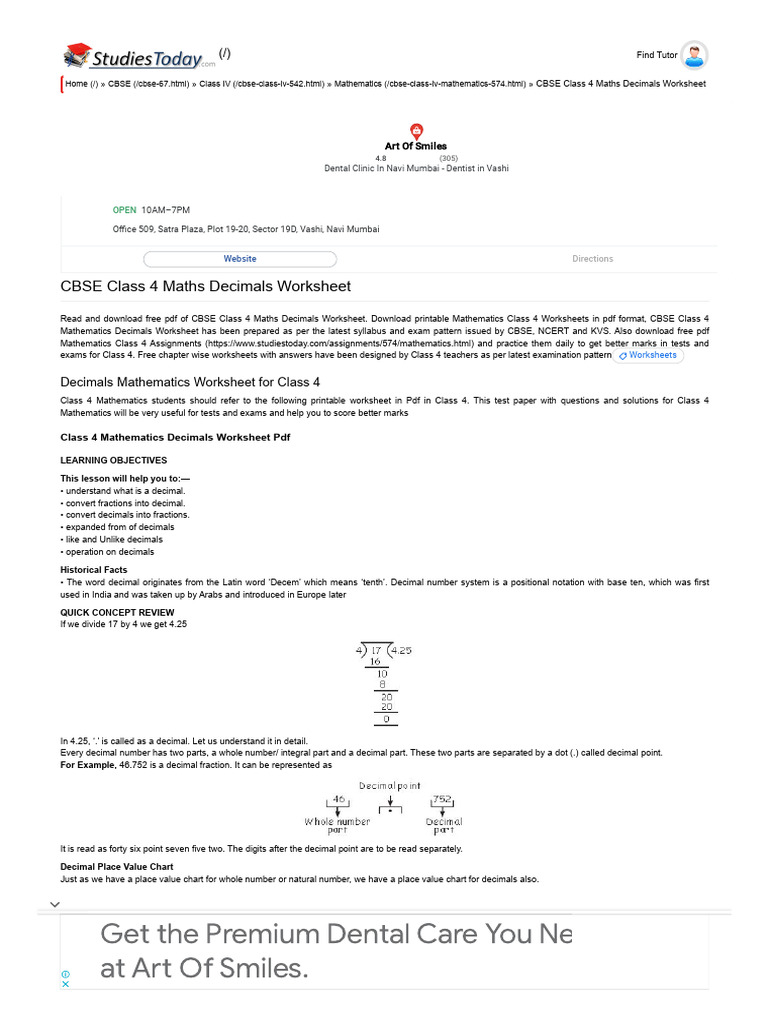 Class 4 Decimals Worksheet PDF | PDF | Numbers | Decimal