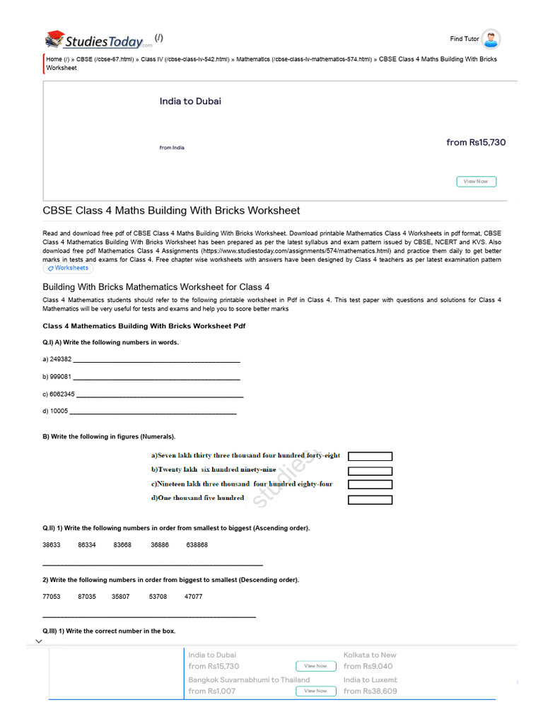CBSE Class 4 Maths Building With Bricks Worksheet | PDF | Multiple ...