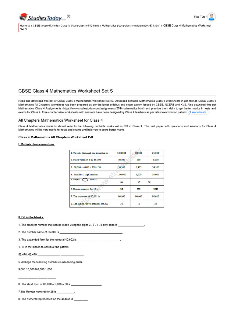 CBSE Class 4 Mathematics Worksheet Set S | PDF | Multiple Choice ... CBSE Class 4 Mathematics Worksheet Set S | PDF | Multiple Choice ...