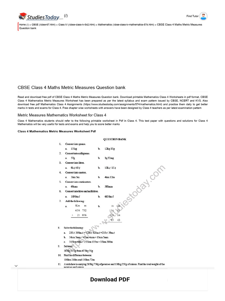 Class 4 Metric Measures Worksheet | PDF | Multiple Choice | Worksheet