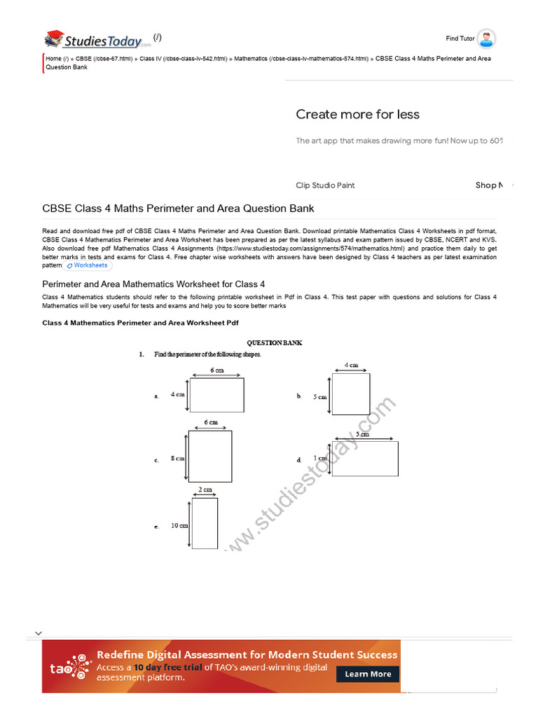 Class 4 Maths: Perimeter & Area Worksheets | PDF